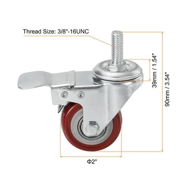 PU Swivel Threaded Stem Casters 3/8"-16UNC with Brake 110lbs, 4pcs - Red - 2 Inch - Bed Bath ...